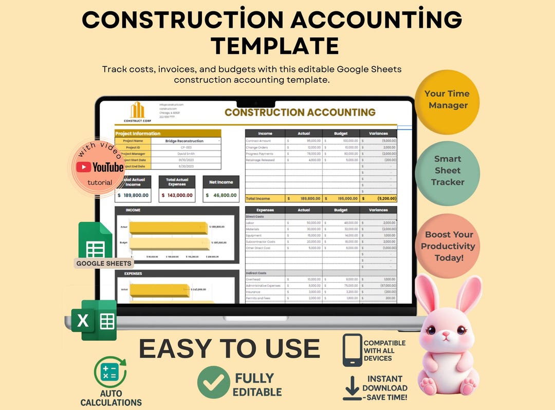 Construction Accounting Template for Contractors, Editable Google ...