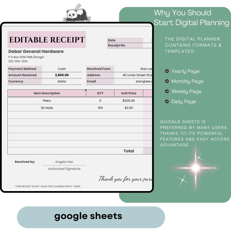 Editable Receipt Template | Google Sheets | Printable & Customizable ...