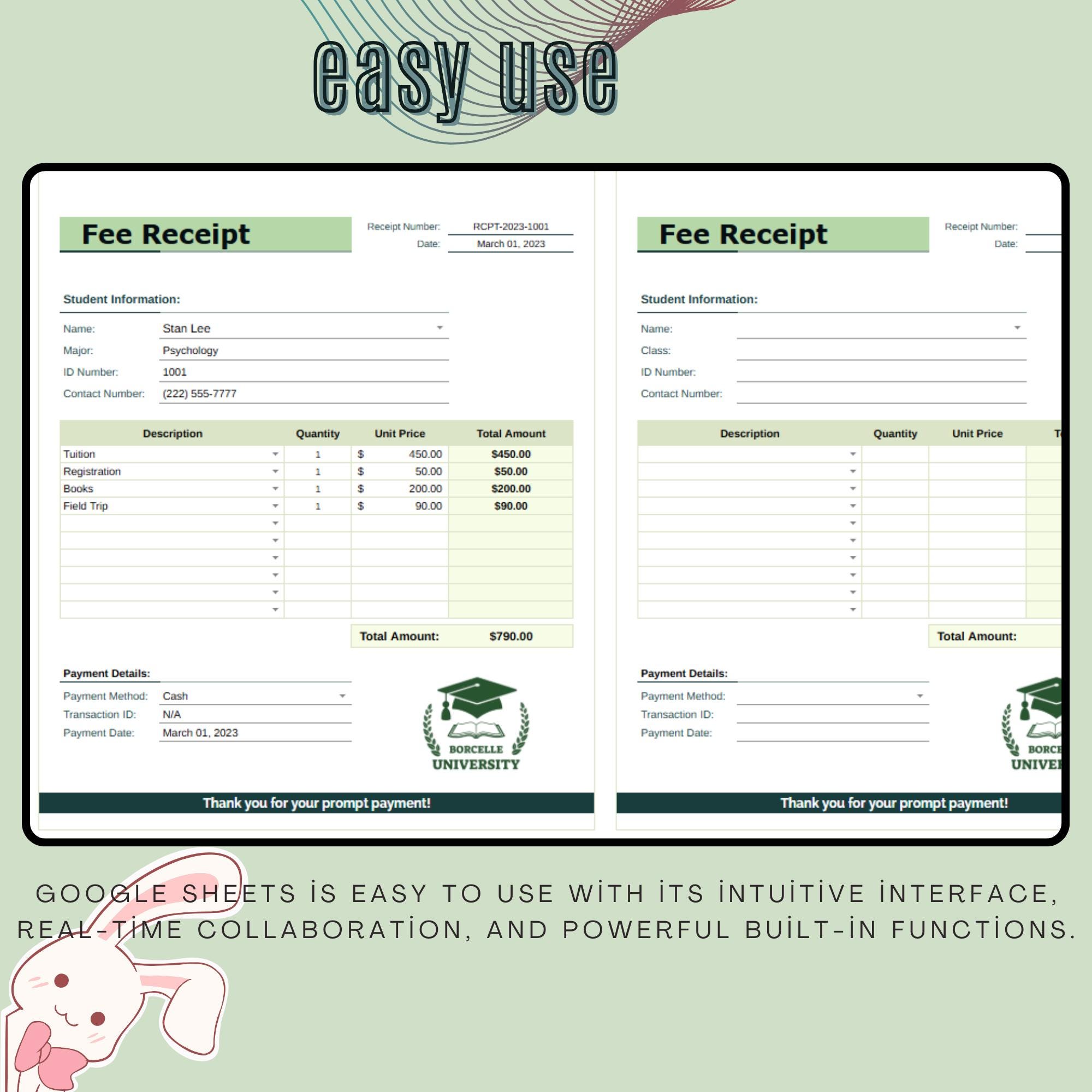 Fee Receipt Template | Editable Payment Receipt | Google Sheets ...