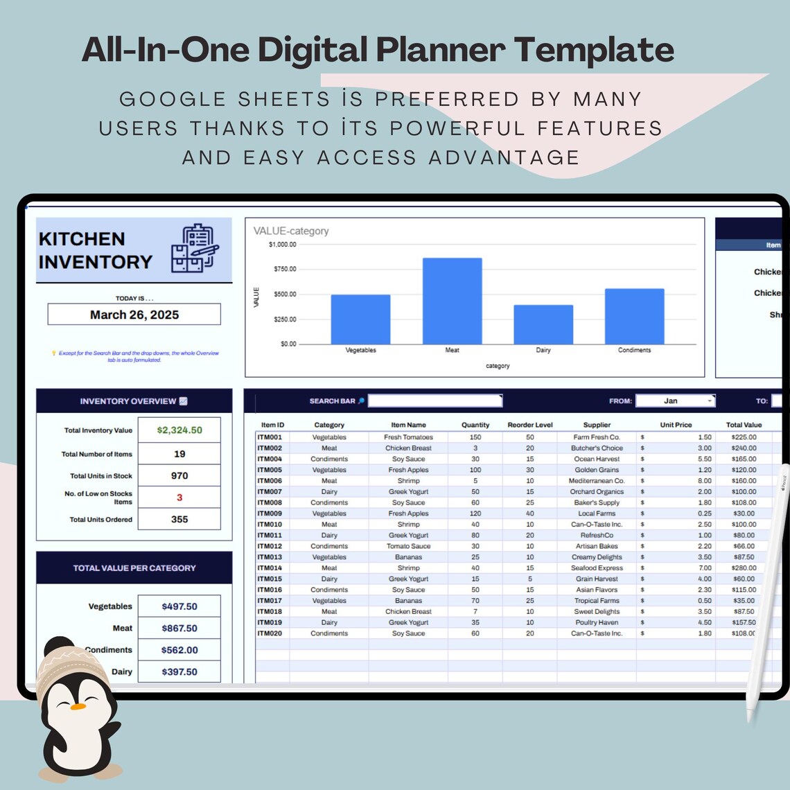 Restaurant Kitchen Inventory Template, Google Sheets Editable, Digital ...