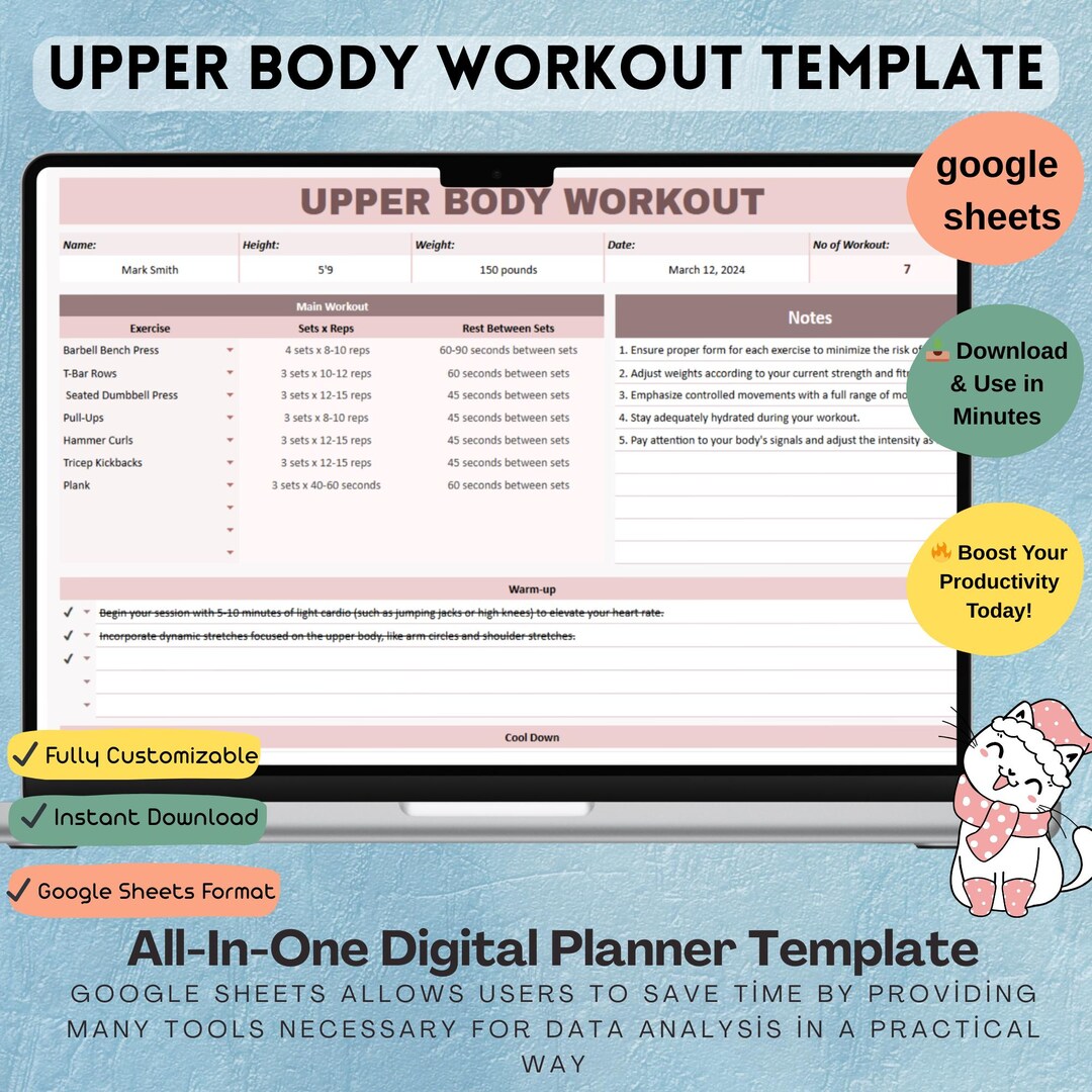 Upper Body Workout Template for Strength Training, Editable Google ...