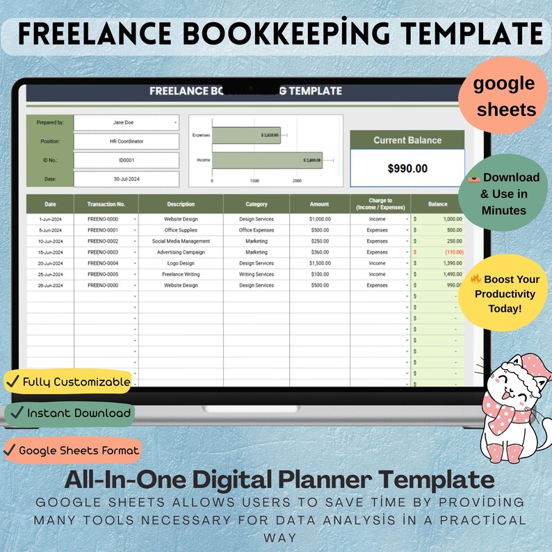Freelance Bookkeeping Template, Editable Google Sheets Income Expense ...
