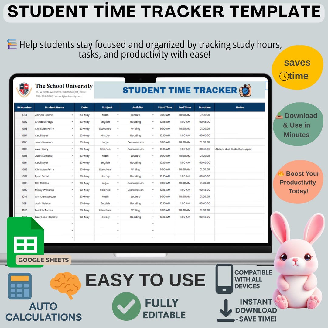 Student Time Tracker Template, Editable Google Sheets Schedule to ...