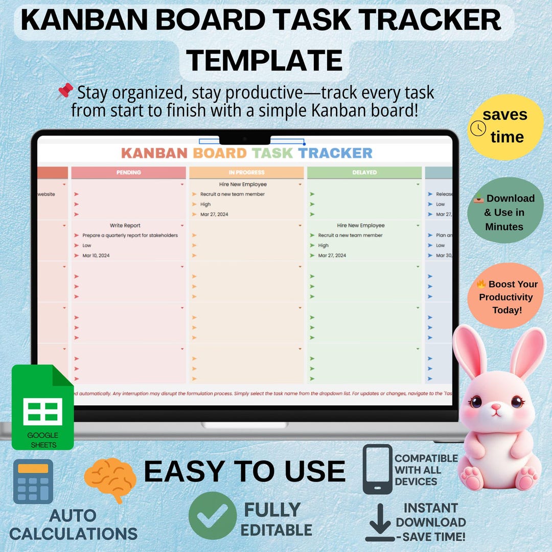 Kanban Board Task Tracker Template, Editable Google Sheets for ...