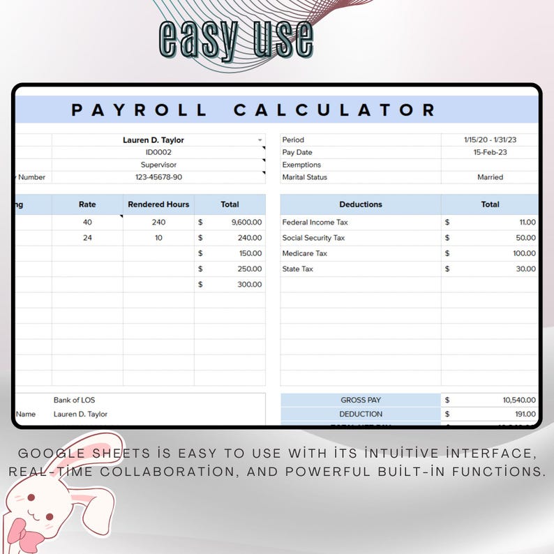 Payroll Calculator Template | Google Sheets | Editable Digital Download ...