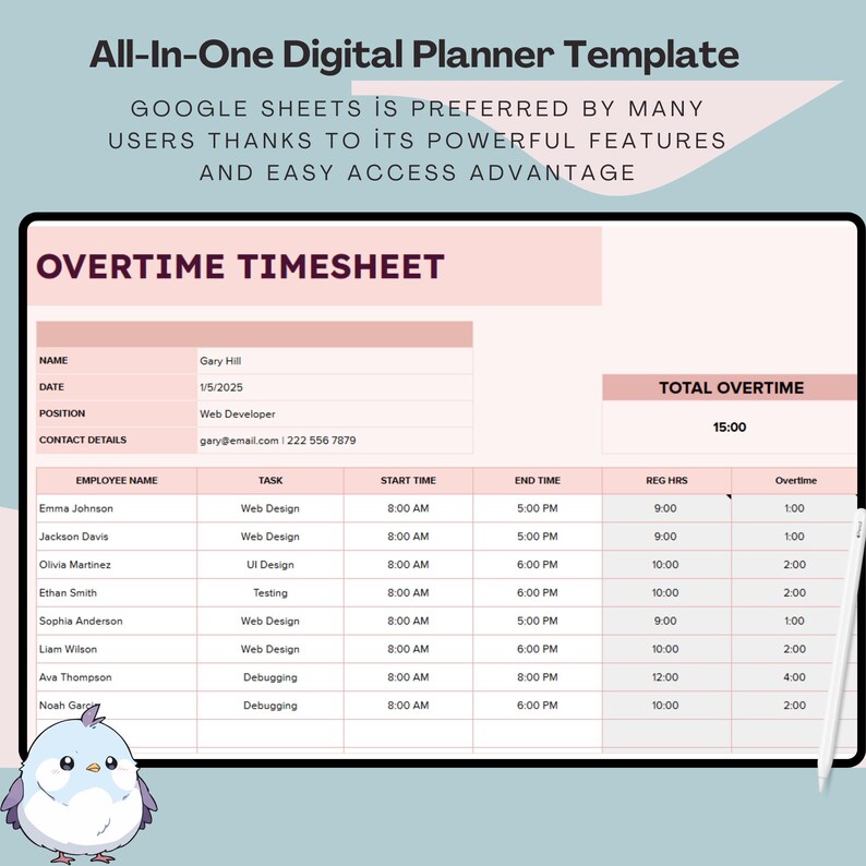 Overtime Timesheet Template, Google Sheets, Work Hours Tracker ...