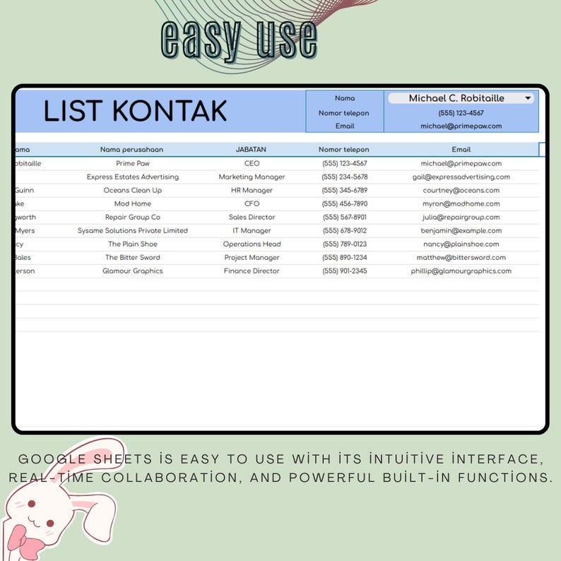 Contact List Template, Google Sheets, Editable Phone Directory, Address ...