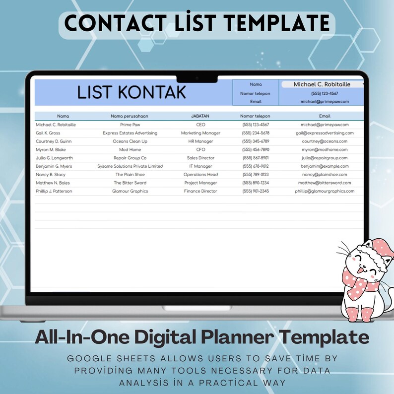Contact List Template, Google Sheets, Editable Phone Directory, Address ...