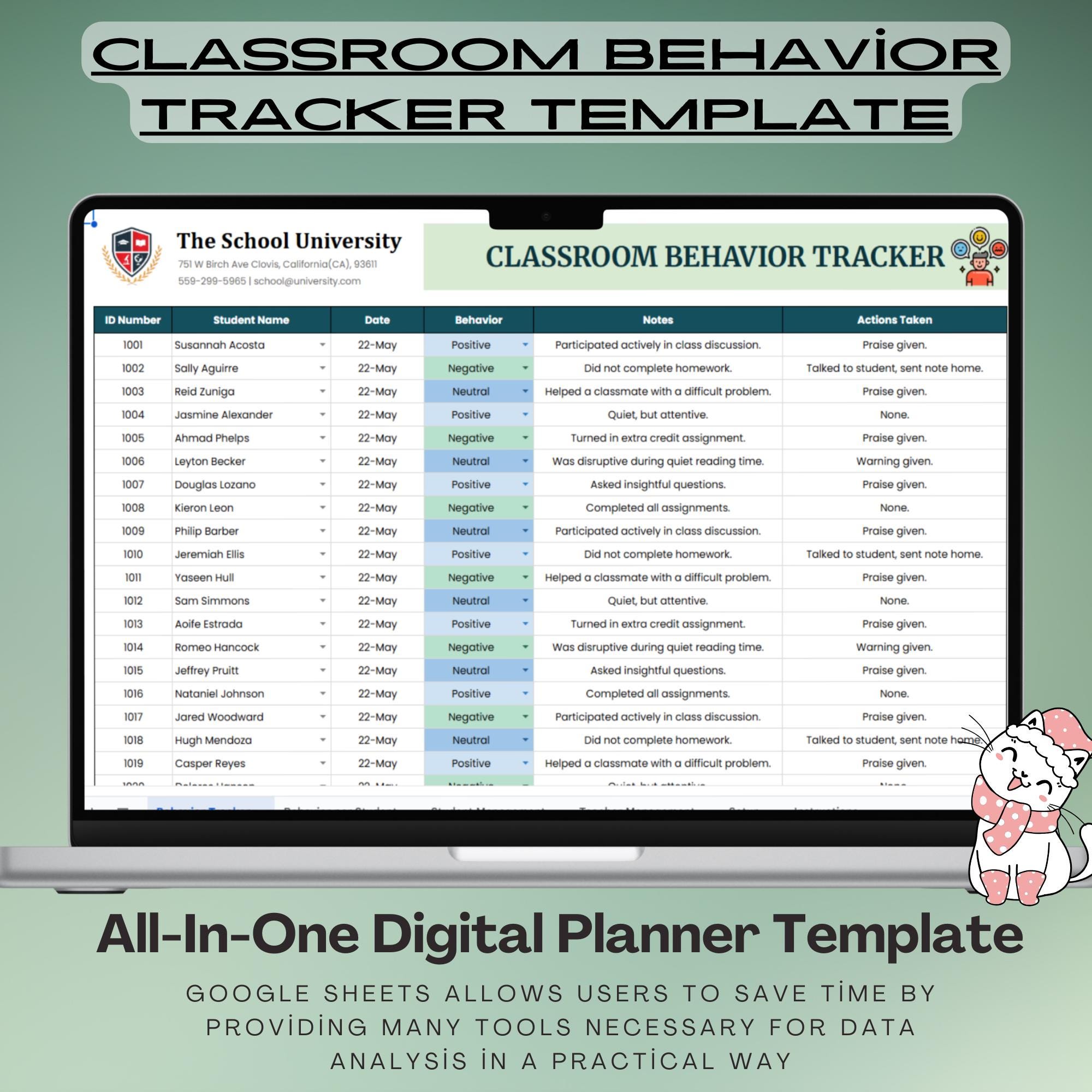 Classroom Behavior Tracker Template, Student Progress Log, Google ...