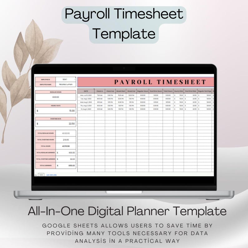 Editable Payroll Timesheet Template, Digital Download, Easy to Use for ...