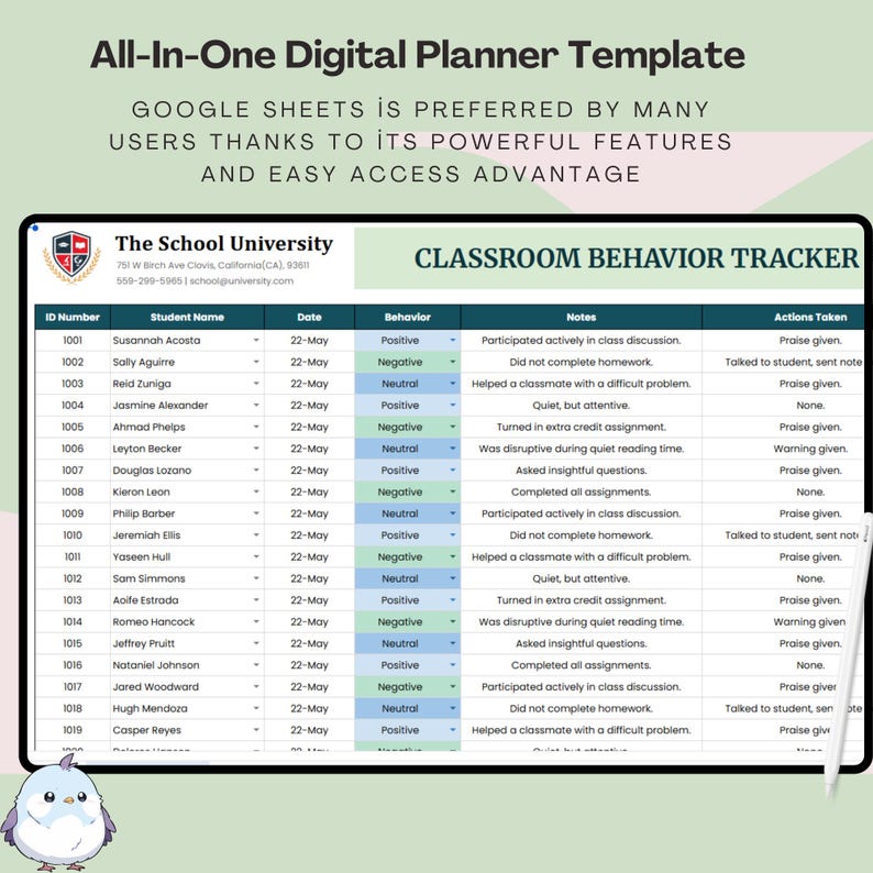 Classroom Behavior Tracker Template, Student Progress Log, Google ...