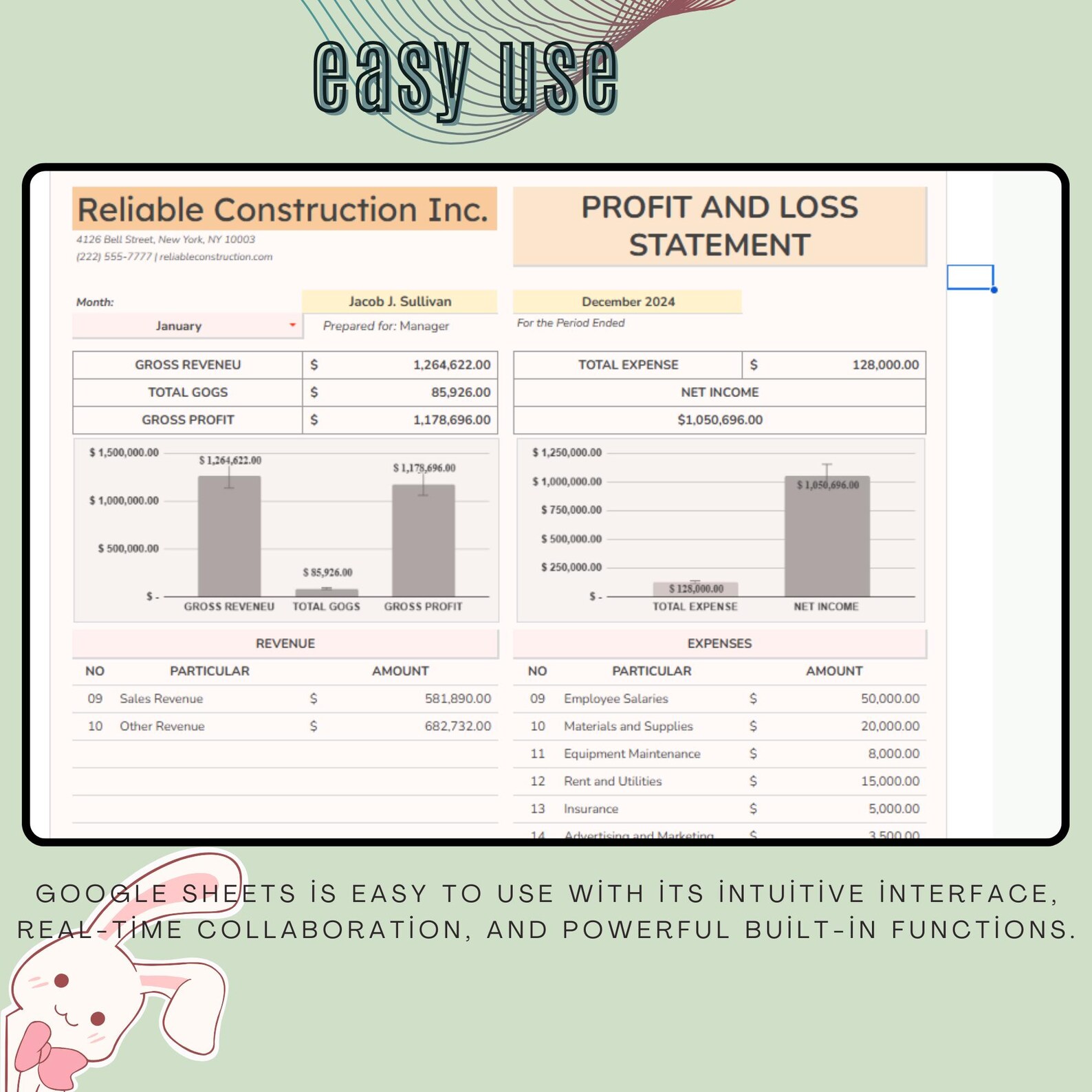 Profit and Loss Statement Report Template, Business P and L Report ...