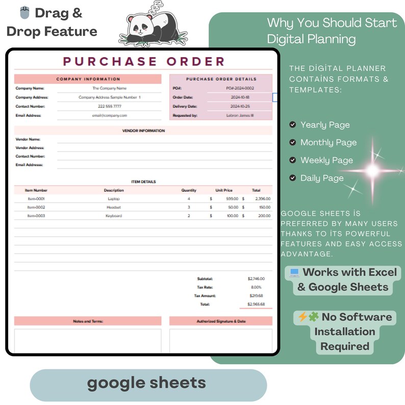 Purchase Order Template Google Sheets, Editable Business Order Form for Small Business ...