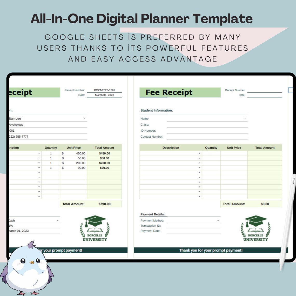 Fee Receipt Template | Editable Payment Receipt | Google Sheets ...
