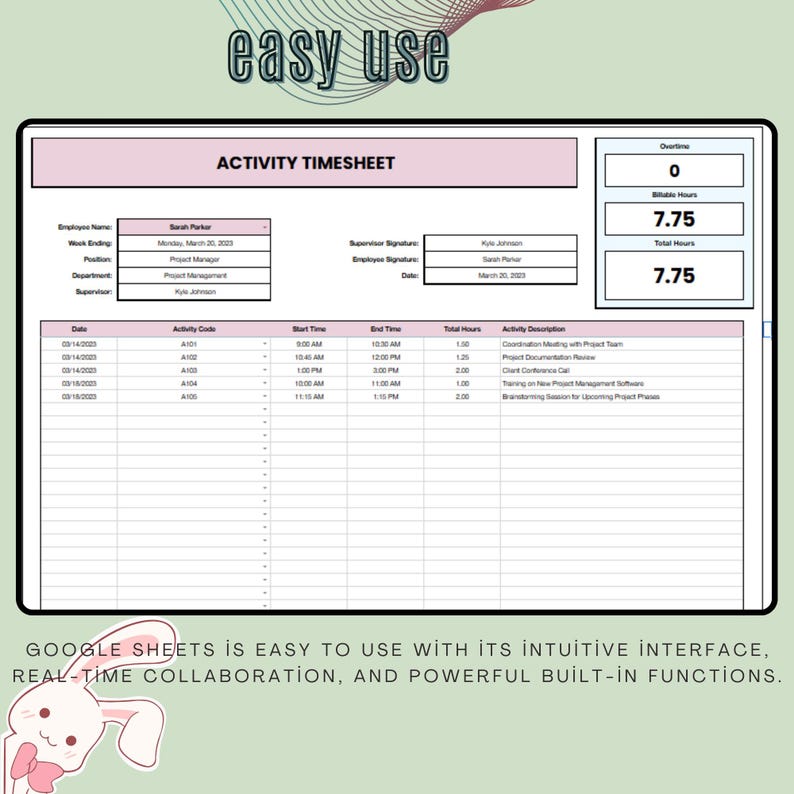 Activity Timesheet Template | Work Hours Tracker for Employees ...