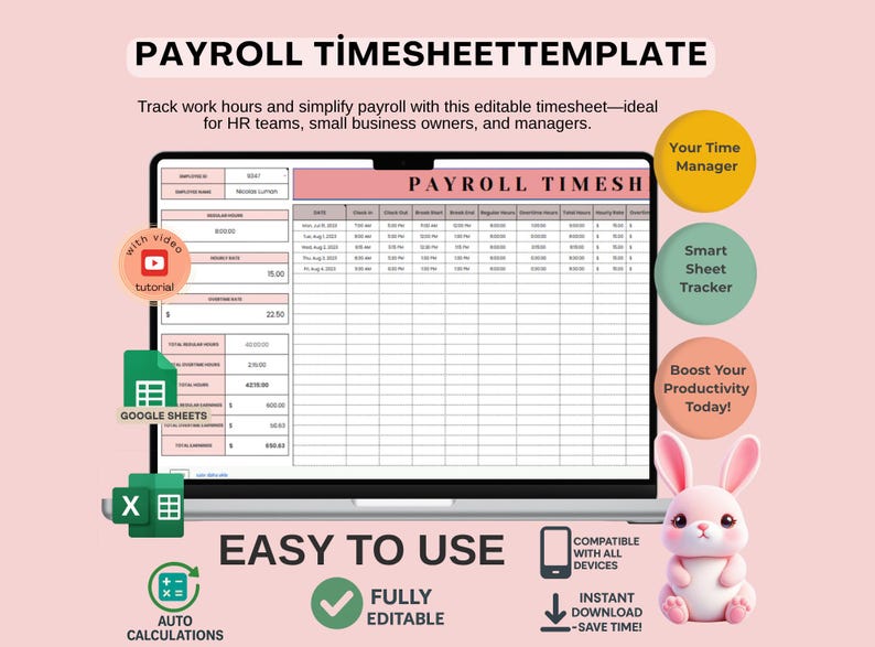 Payroll Timesheet Template Google Sheets: Employee Work Hours Tracker ...