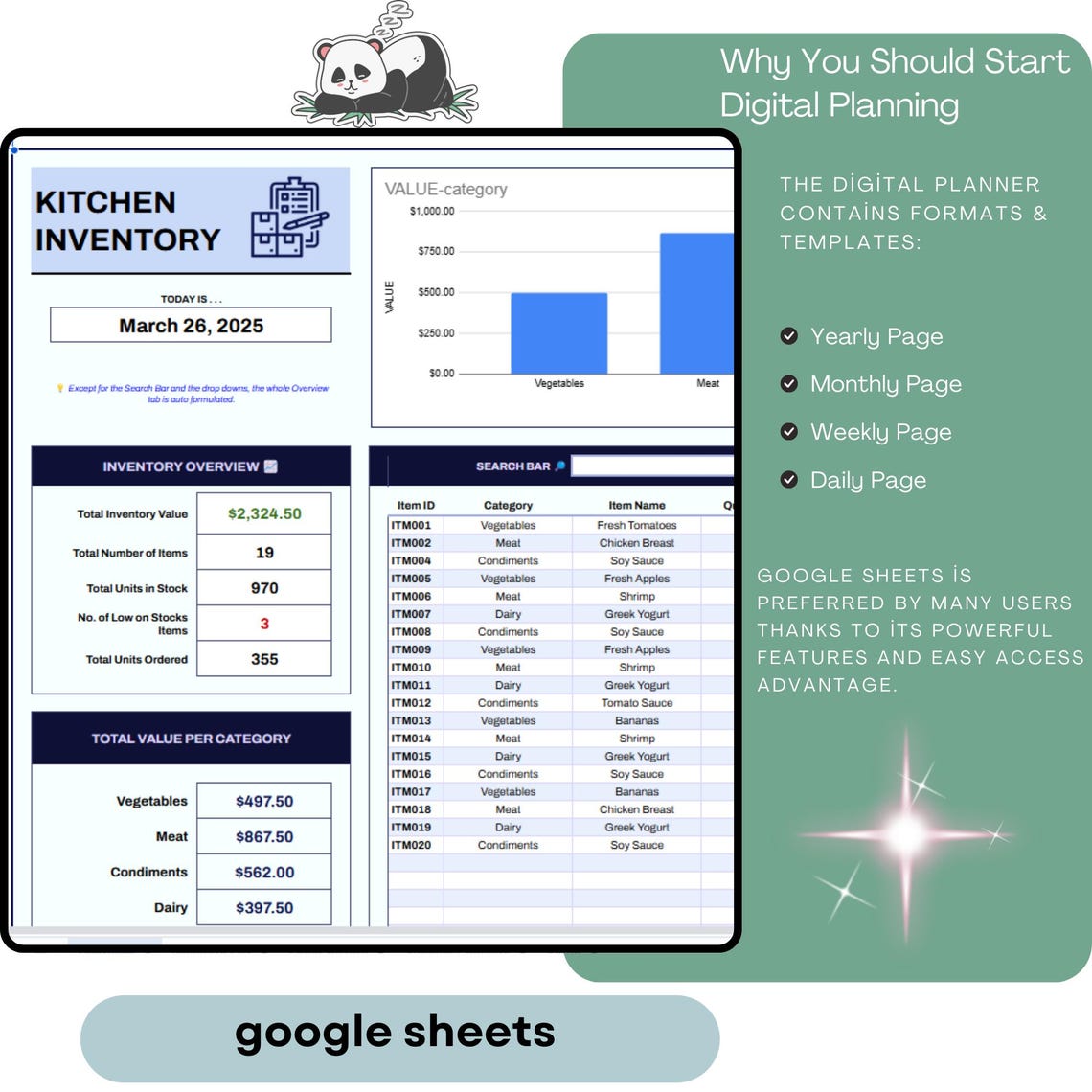 Restaurant Kitchen Inventory Template, Google Sheets Editable, Digital ...