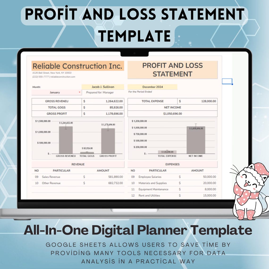 Profit and Loss Statement Report Template, Business P and L Report ...