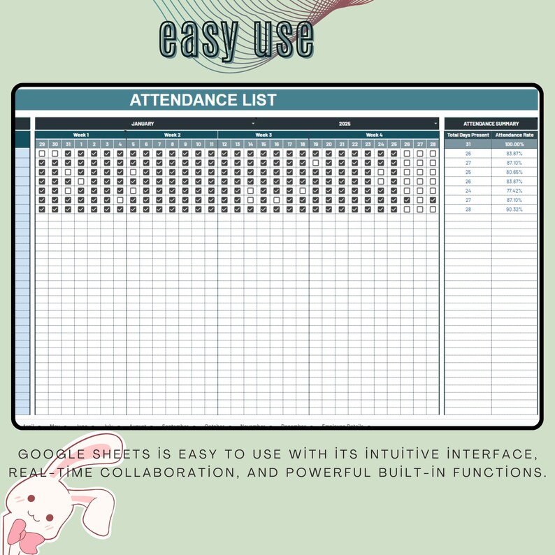 Attendance List Template, Sign-in Sheet, Google Sheets, Editable ...