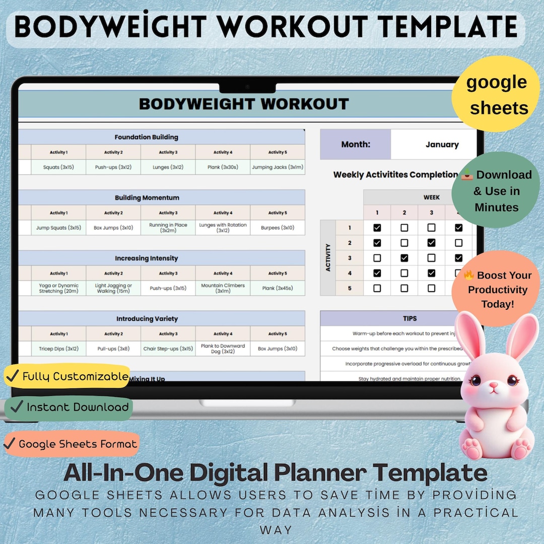 Bodyweight Workout Template, No Equipment Fitness Planner, Home ...