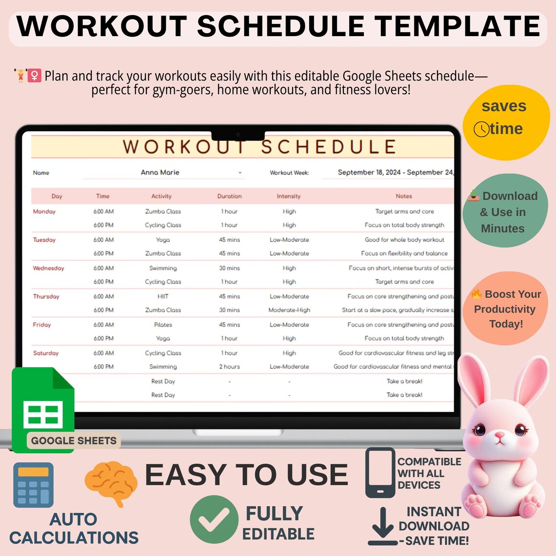 Workout Schedule Template for Google Sheets, Editable Fitness Planner ...