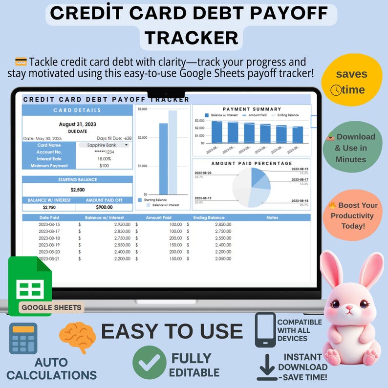 Credit Card Debt Payoff Tracker Template, Editable Google Sheets Tool ...