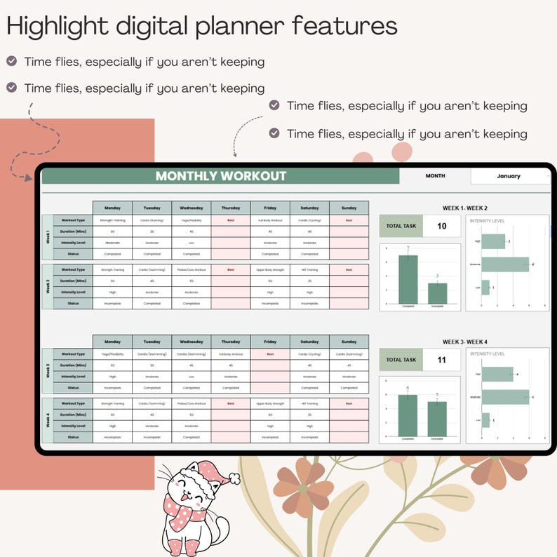 Monthly Workout Template, Google Sheets Planner, Editable, Fitness ...