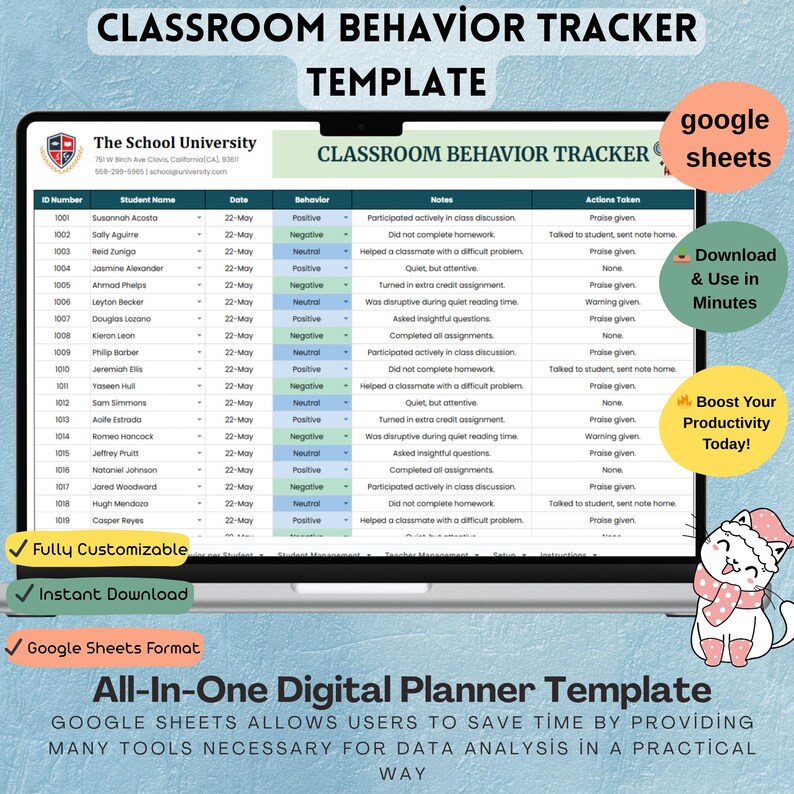 Classroom Behavior Tracker Template for Teachers | Editable Google ...