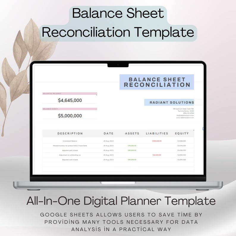 Balance Sheet Reconciliation Template, Editable Google Sheets, Digital ...