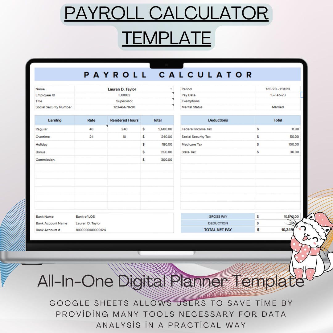 Payroll Calculator Template | Google Sheets | Editable Digital Download ...