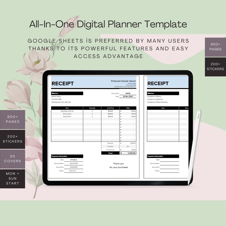 Receipt Template, Editable Google Sheets Digital Download, Easy-to-use ...