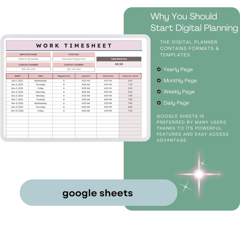 Work Timesheet Template, Digital Download, Editable Google Sheets ...