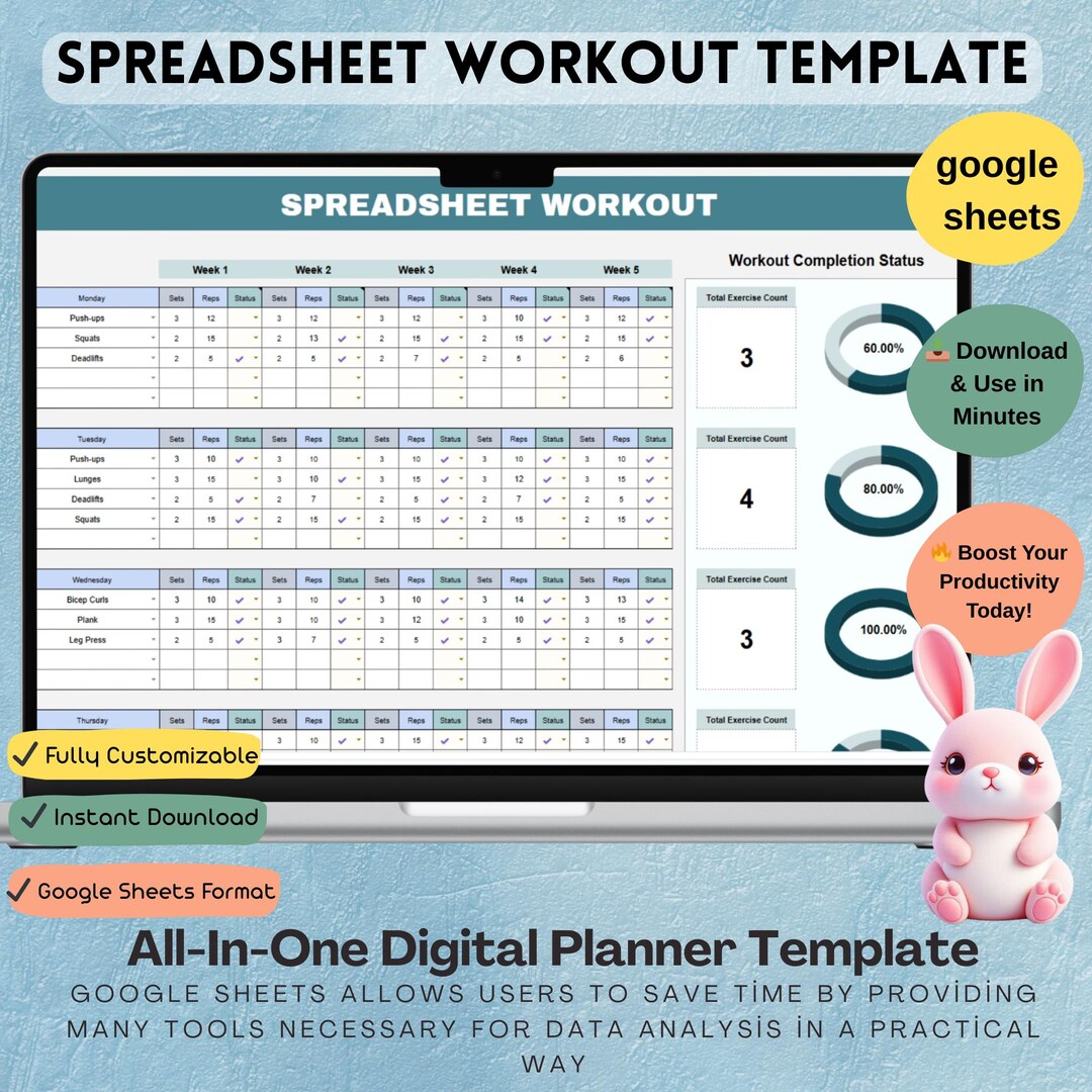 Spreadsheet Workout Template, Google Sheets, Editable Fitness Planner ...