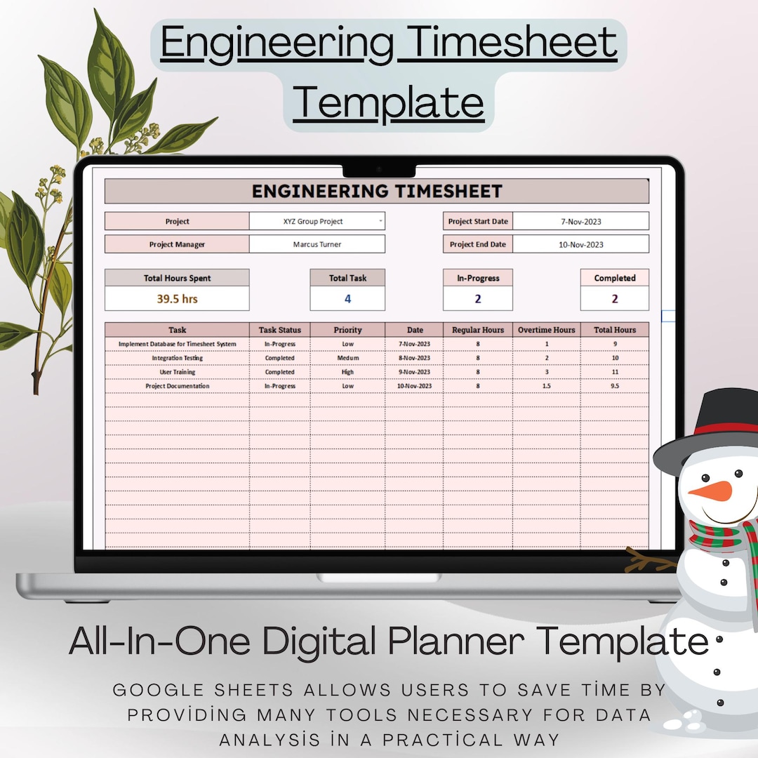 Engineering Timesheet Template, Editable Digital Download, Google ...