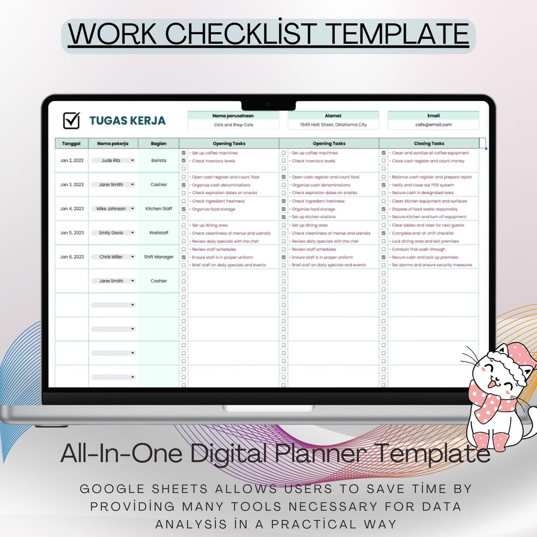Work Checklist Template, Google Sheets Excel, Editable Task Organizer ...