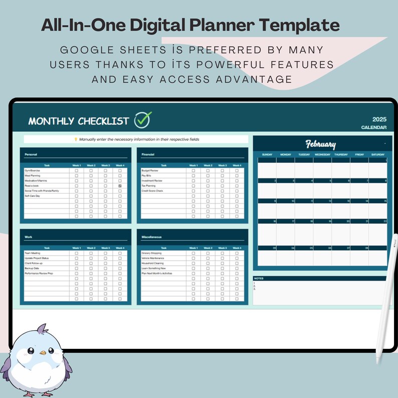 Monthly Checklist Template, Google Sheets, Editable To-do List, Task ...