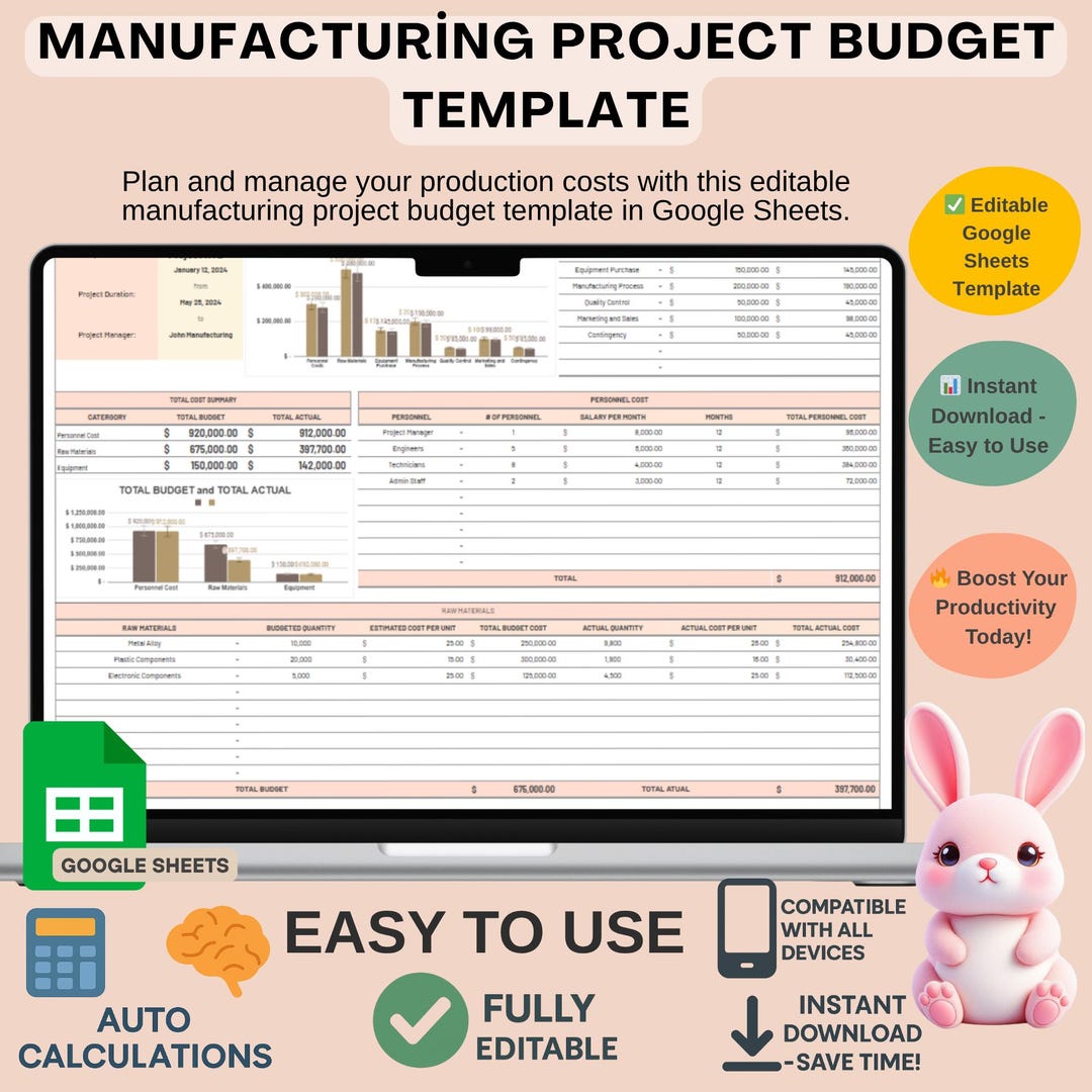 Manufacturing Project Budget Template Google Sheets, Editable Cost ...