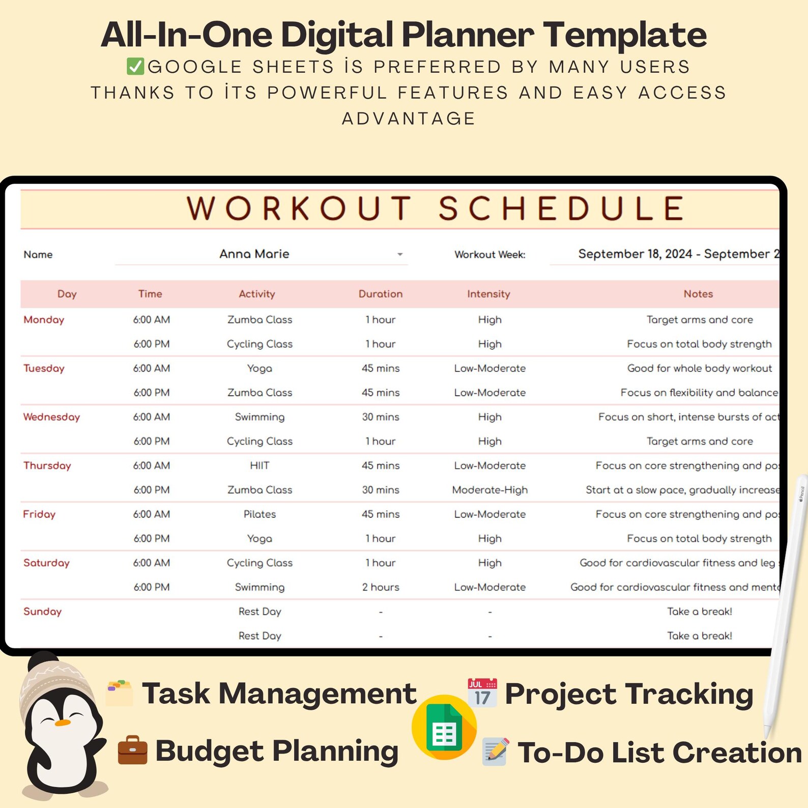 Workout Schedule Template for Google Sheets, Editable Fitness Planner ...