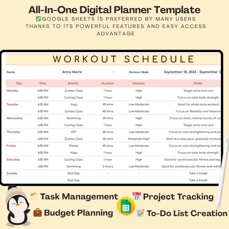 Workout Schedule Template for Google Sheets, Editable Fitness Planner ...