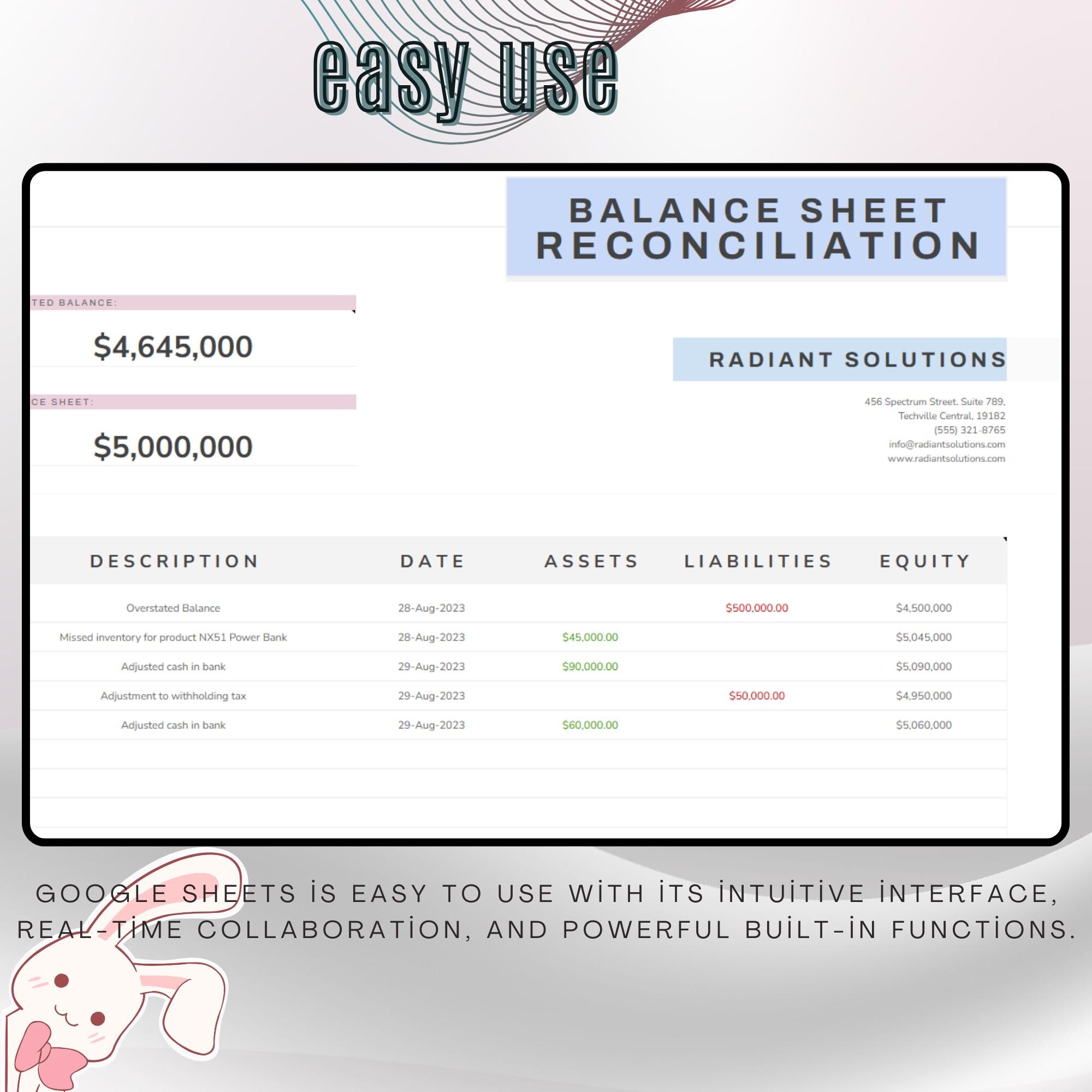 Balance Sheet Reconciliation Template, Google Sheets, Editable Finance ...
