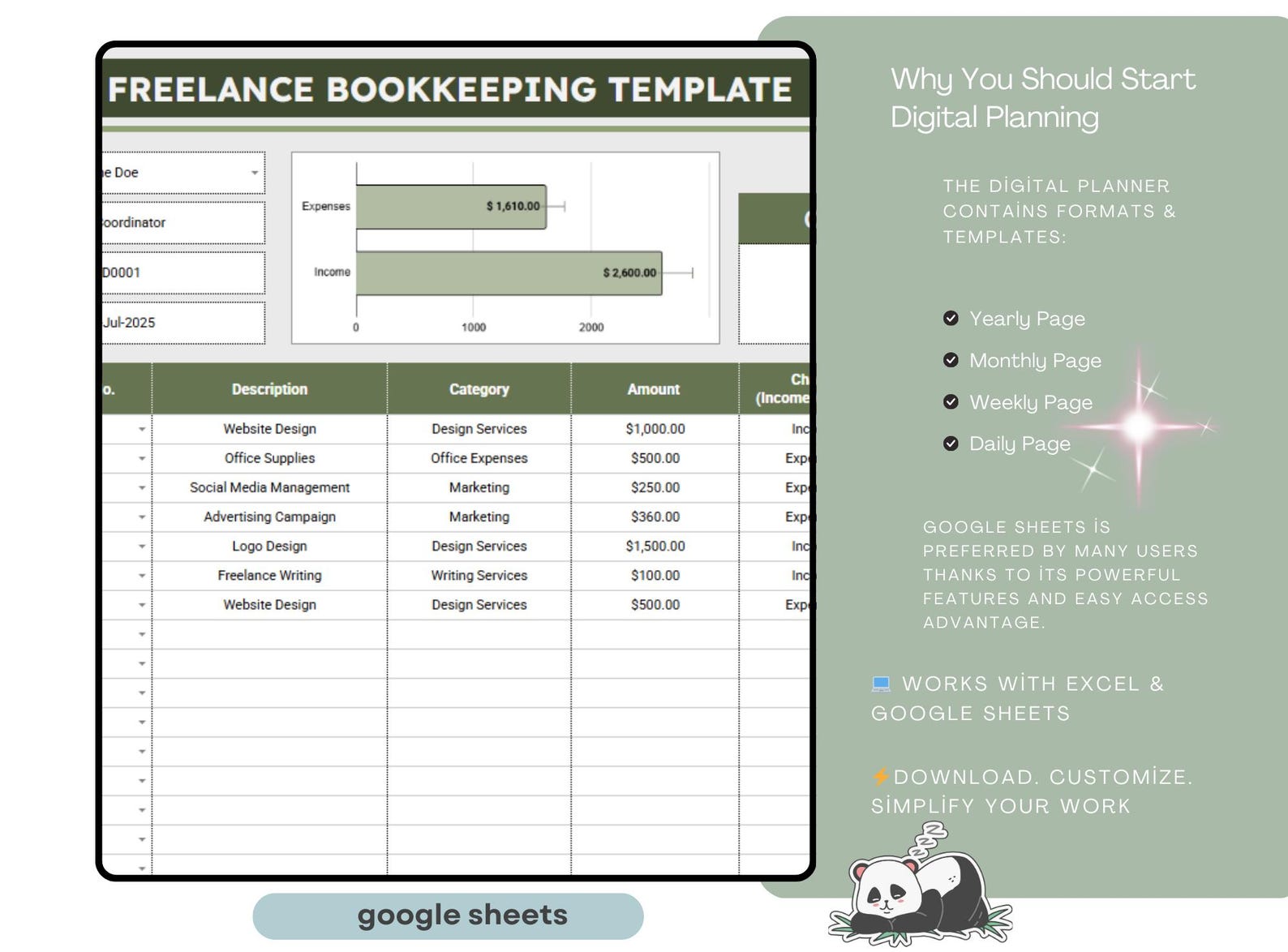 Freelance Bookkeeping Template: Editable Google Sheets Tracker (digital ...