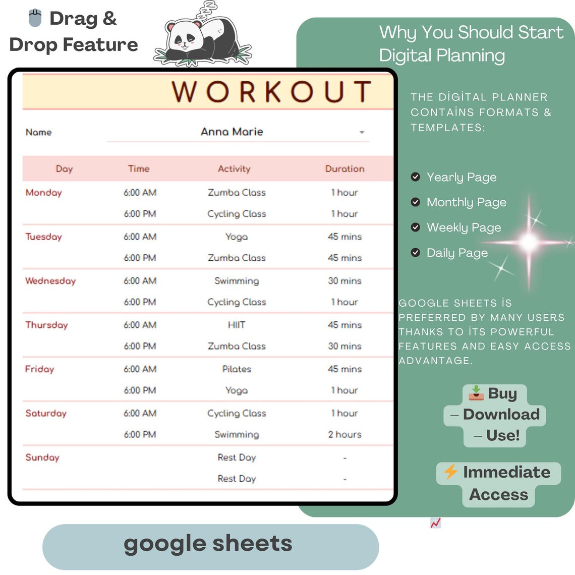 Workout Schedule Template for Google Sheets, Editable Fitness Planner ...
