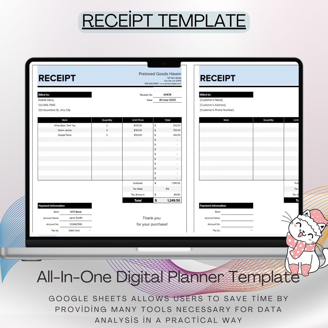 Receipt Template, Editable Digital Download, Google Sheets, Business ...