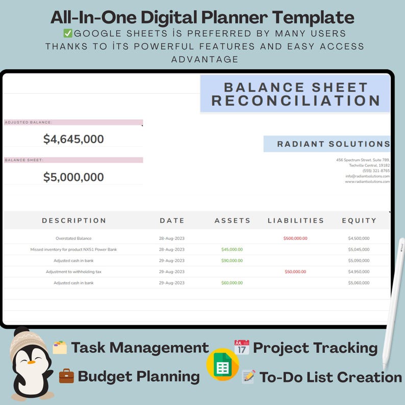 Balance Sheet Reconciliation Template for Finance Teams, Editable ...