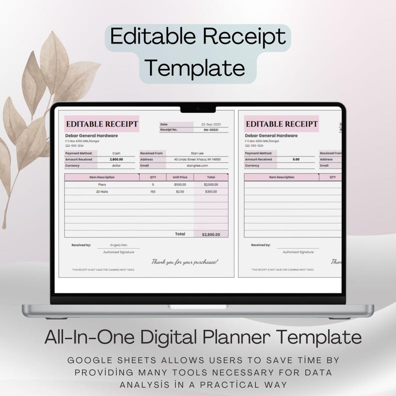 Editable Receipt Template, Google Sheets Digital Download, Perfect for ...