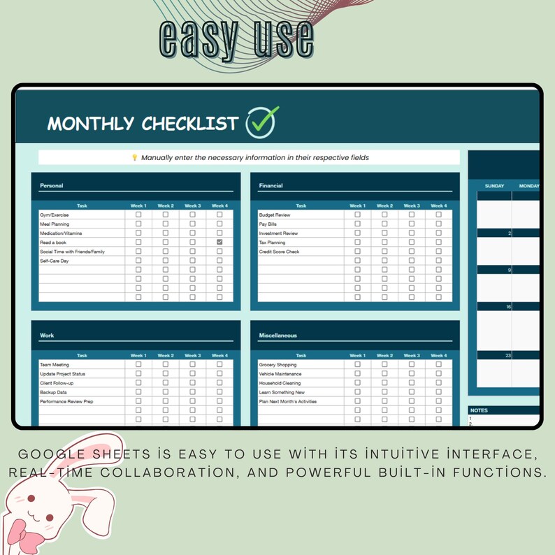 Monthly Checklist Template, Google Sheets, Editable To-do List, Task ...
