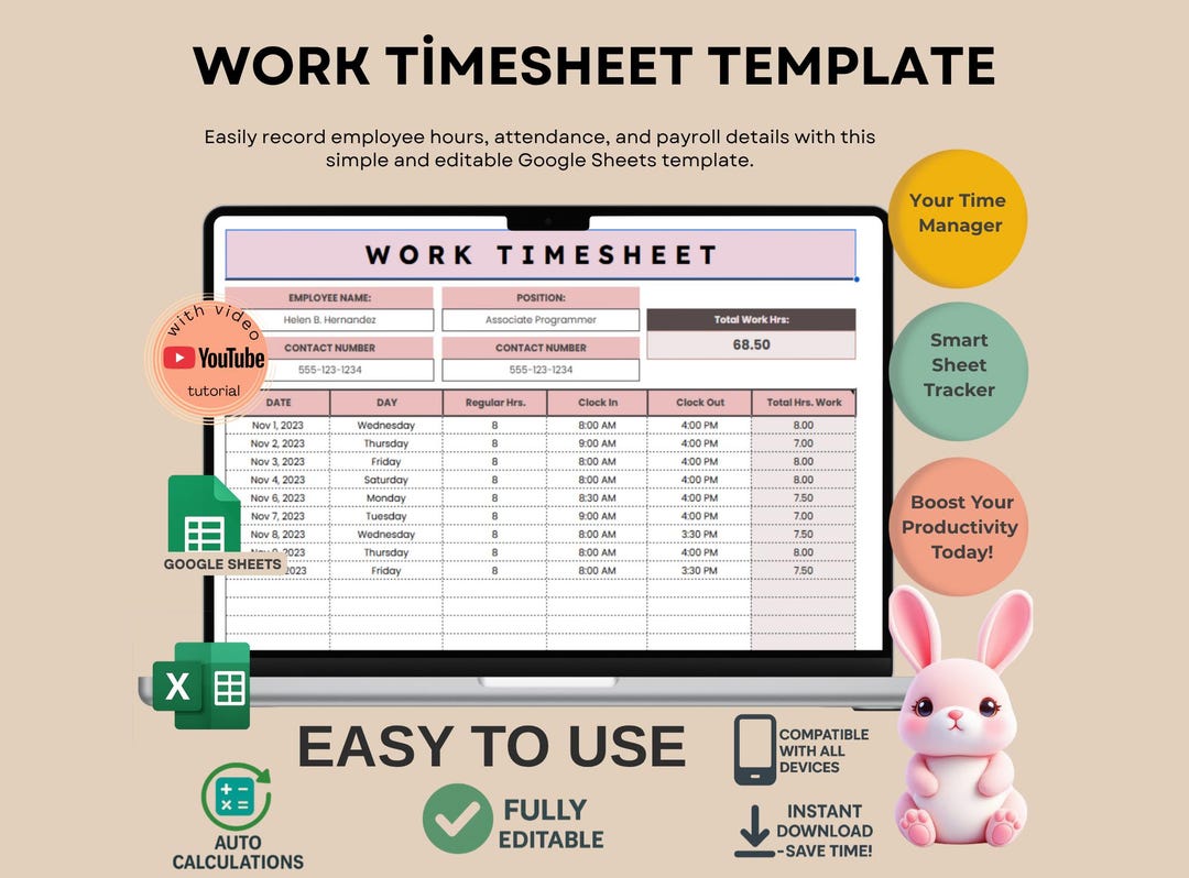 Editable Work Timesheet Template: Google Sheets Payroll (digital ...