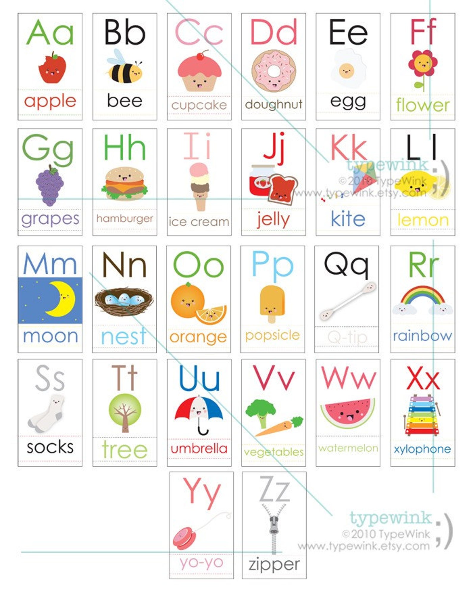 Cute Kawaii ABC Alphabet Flash Cards - Printable PDF - Etsy