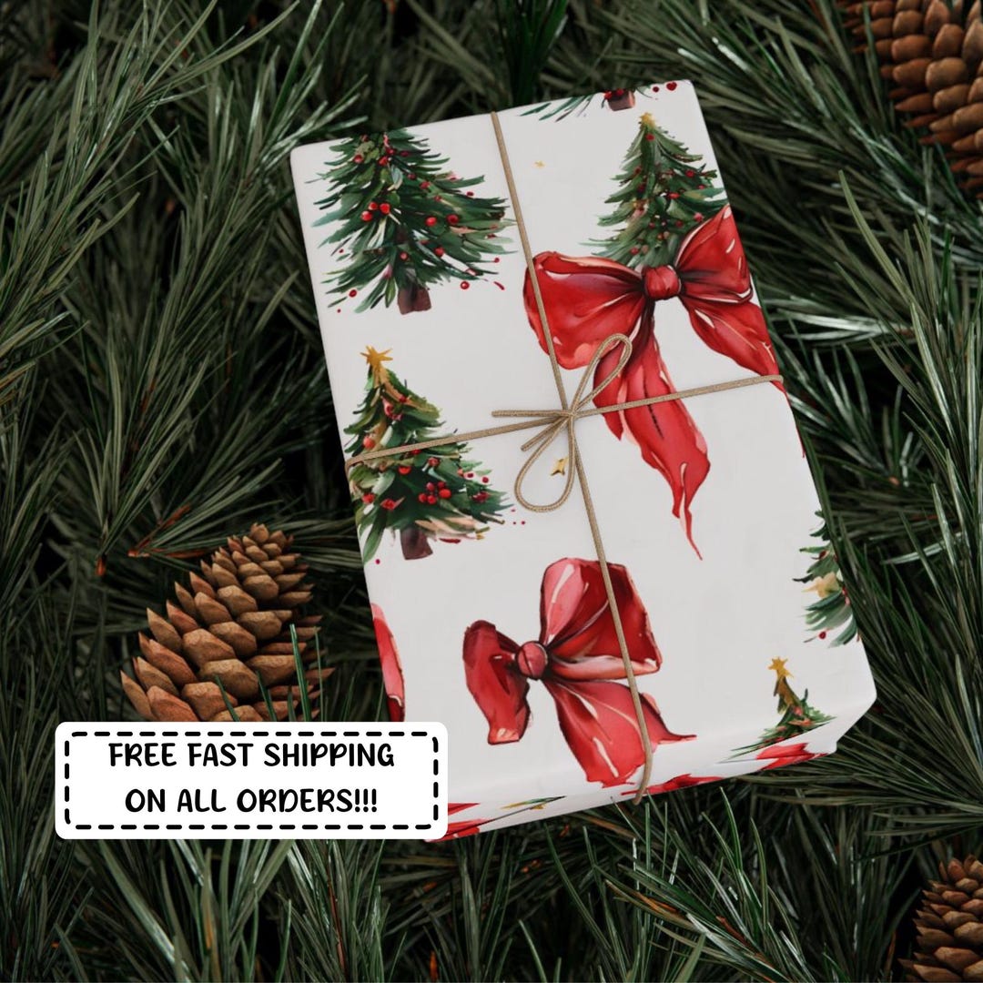 Red Bow Wrapping Paper Rolls Gift Christmas Tree Farm Gift Wrap Custom ...