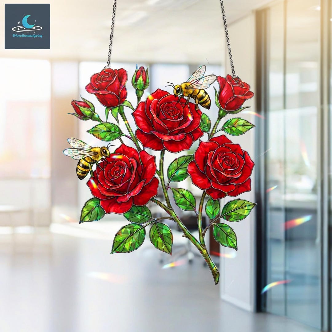 Rose Sun Catcher Acrylic Hologram Window Hanging, Bee Floral Suncatcher ...